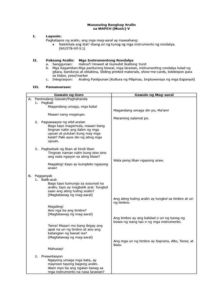 Banghay Aralin Sa Musika 5 Mga Instrumentong Rondalya | PDF
