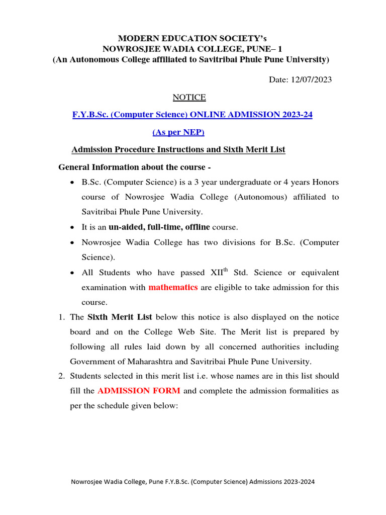 Notice FYBSc CS 2023 6th Merit List 12th July 2023 | PDF | Computing