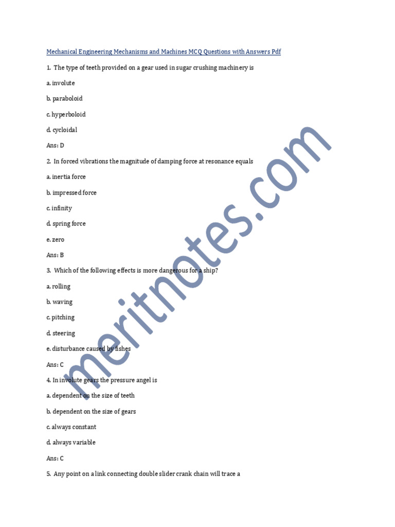 Mechanisms Machines MCQ Questions | PDF