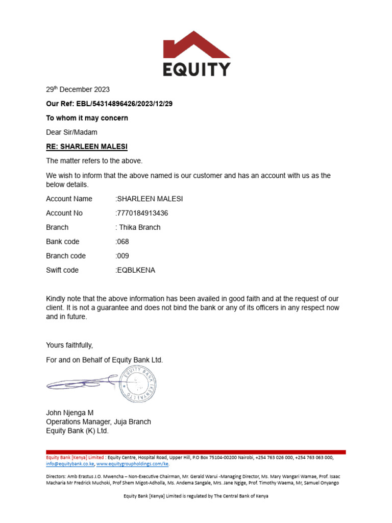 Equity Bank Account Confirmation Letter | PDF