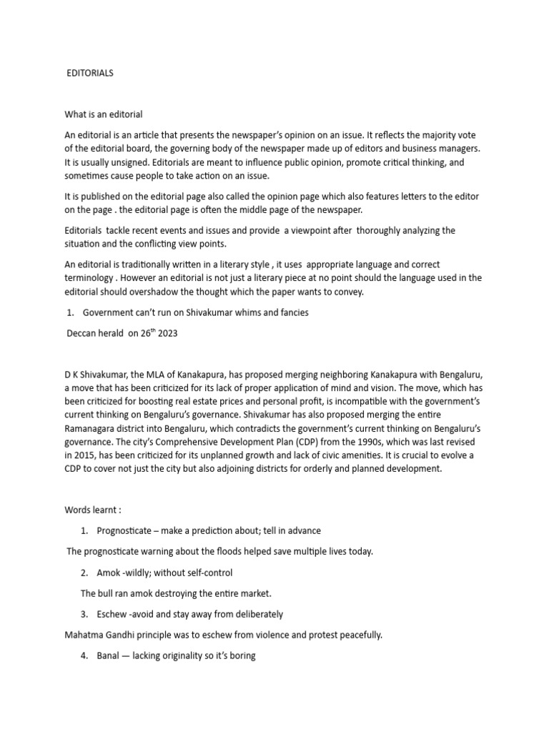 Editorials and New Words Learnt | PDF