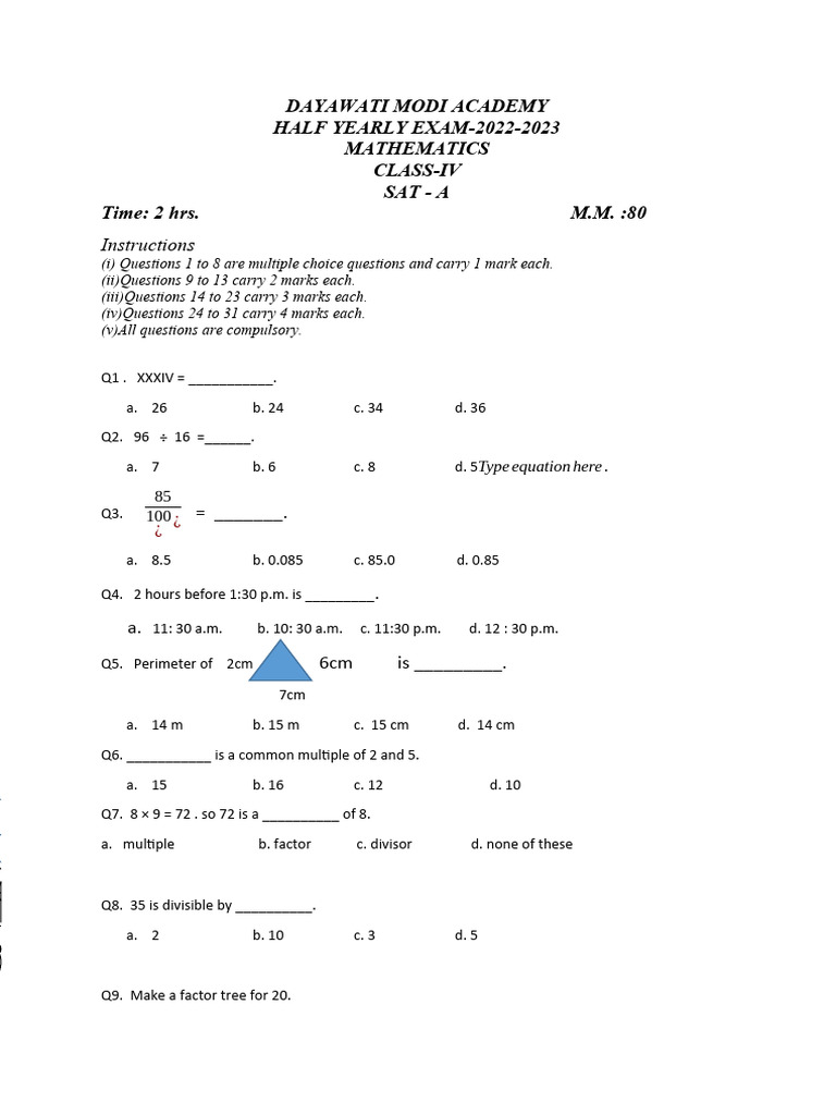 Dayawati Modi Academy HALF YEARLY EXAM-2022-2023 Mathematics Class-Iv ...