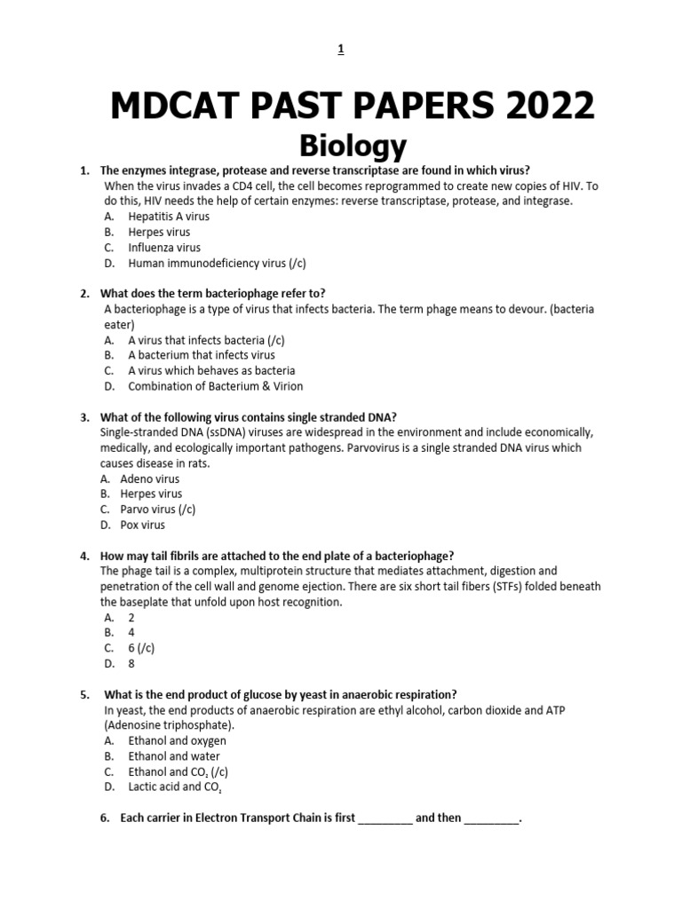 MDCAT Solved Past Papers 2021 and 2022 | PDF
