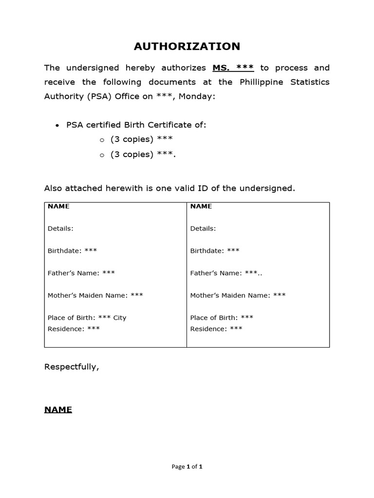 Authorization Letter For PSA | PDF