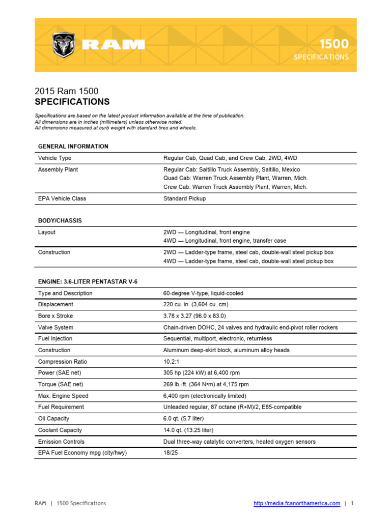 2015 Ram 1500 Specifications | PDF | Automatic Transmission | Pickup Truck