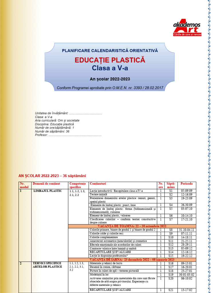 Planificare Calendaristica Ed Plastica Clasa V 2022 2023 | PDF