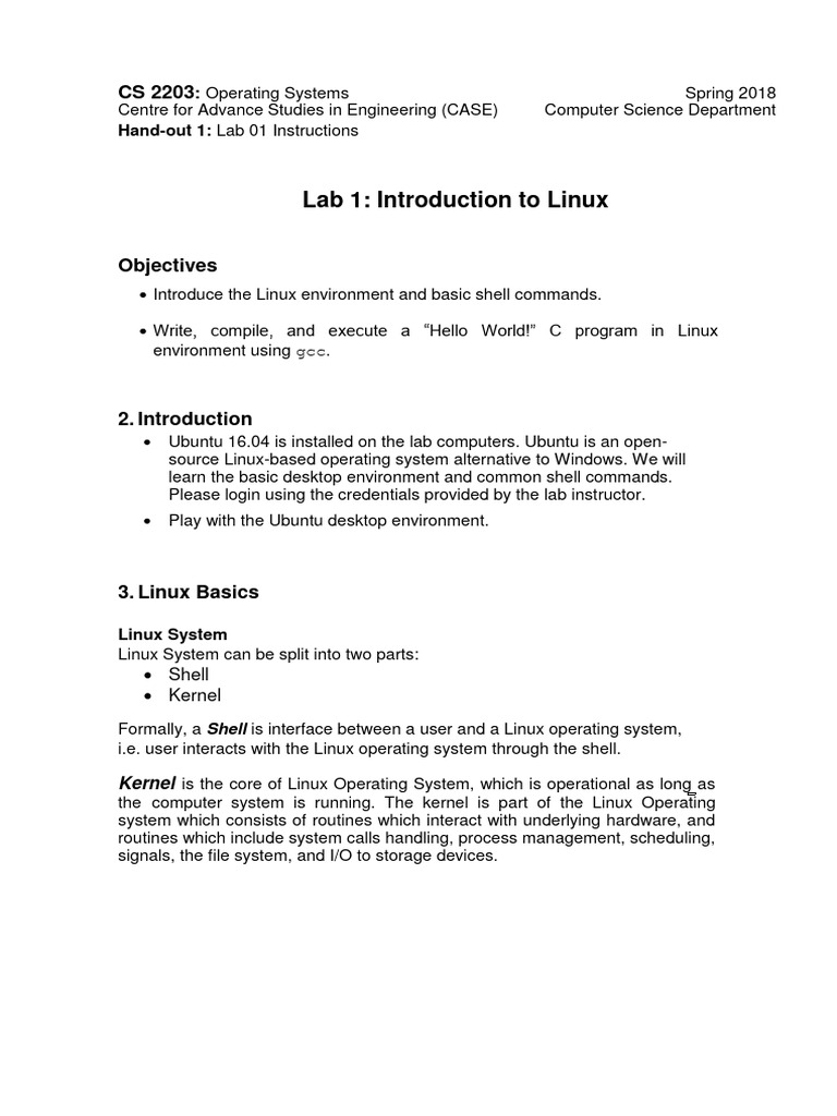 Lab 1: Introduction To Linux:: Hand-Out 1: Lab 01 Instructions | PDF