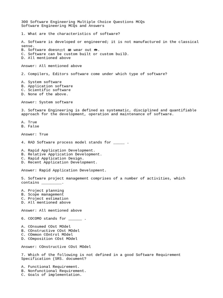 300 Software Engineering Multiple Choice Questions MCQs | PDF