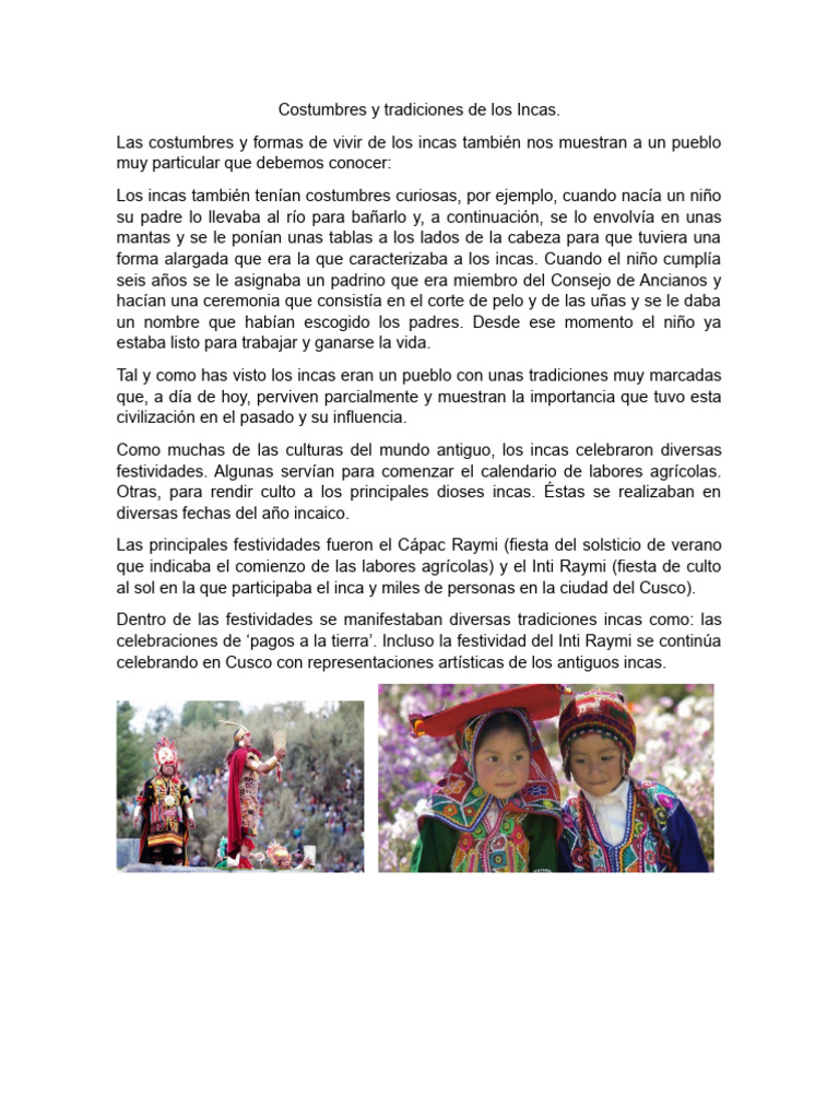 Costumbres Y Tradiciones De Los Incas