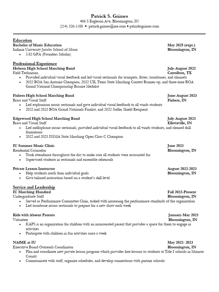 Patrick Grimes Resume 2024 | PDF | Indiana University Bloomington | Orchestras