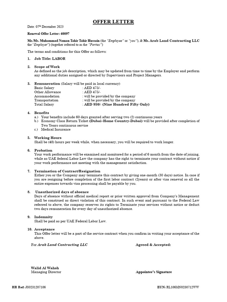 Amended Offer Letter - Muhammad Noman Tahir Tahir Hussain | PDF