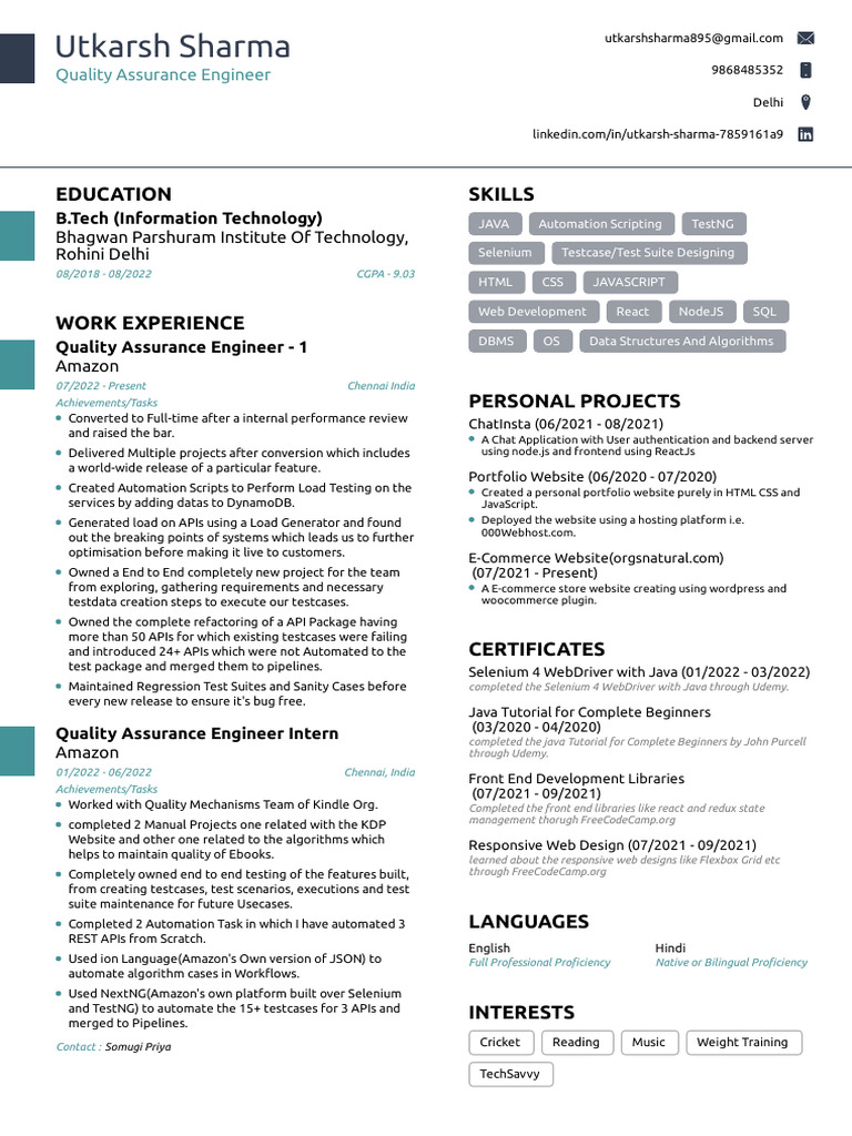 Utkarsh Sharma Resume | PDF | Selenium (Software) | Java Script Utkarsh Sharma Resume | PDF | Selenium (Software) | Java Script