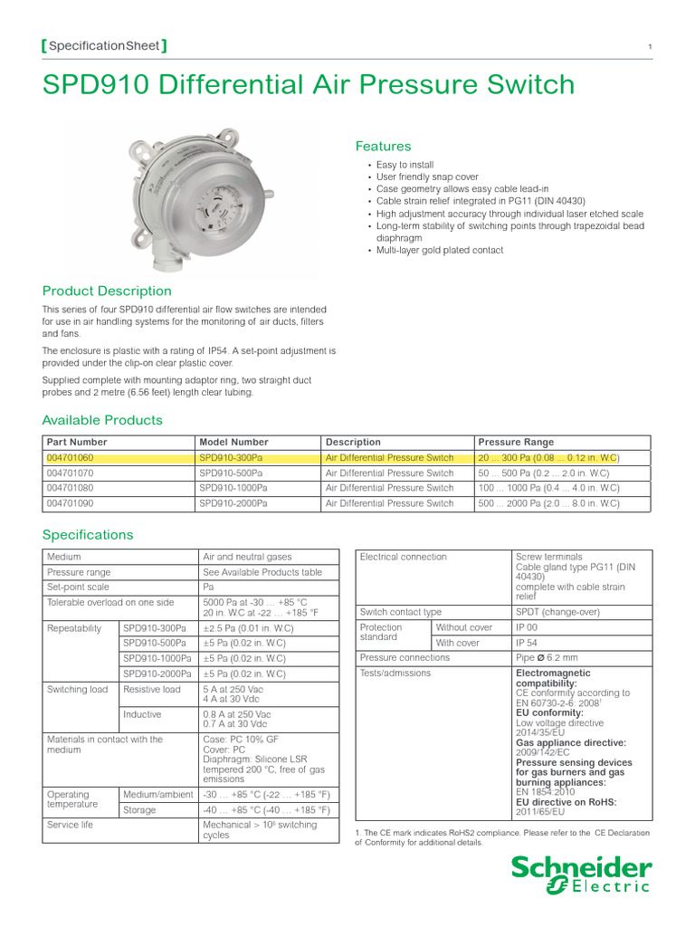 SPD910 - Technical Datasheet | PDF | Switch | Pressure Measurement