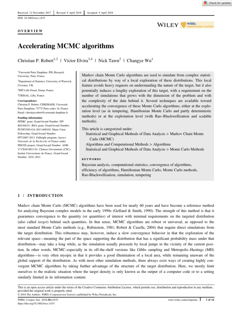 WIREs Computational Stats - 2018 - Robert - Accelerating MCMC Algorithms | PDF