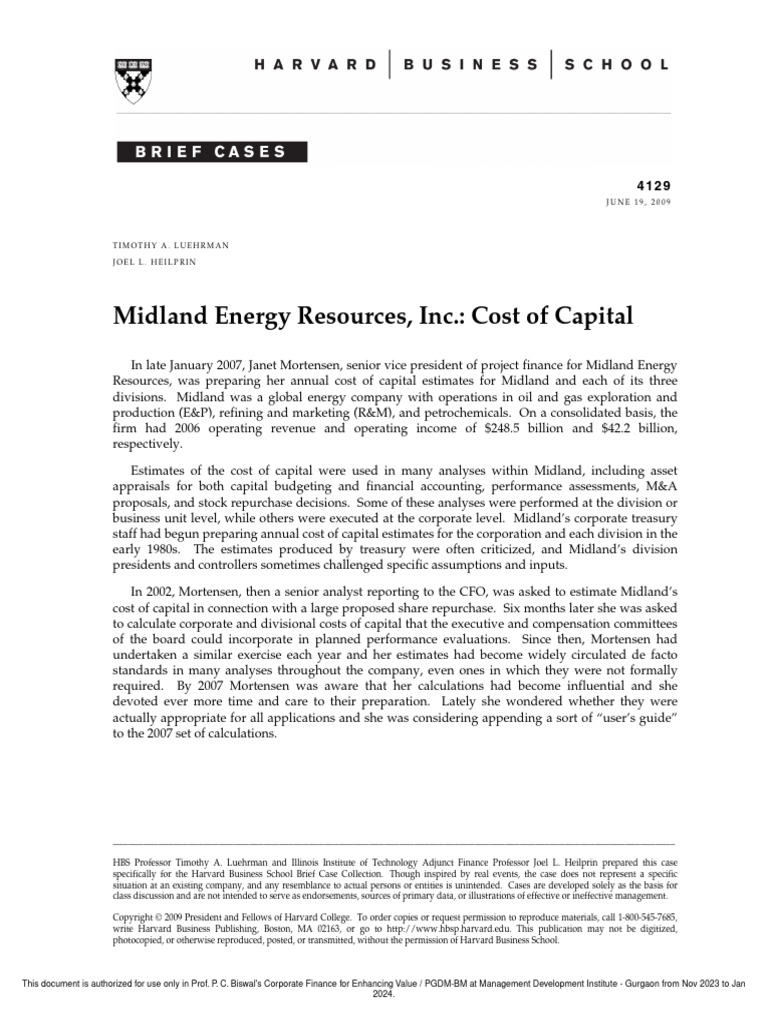 Midland Energy Resources Case Study | PDF | Beta (Finance) | Cost Of ...