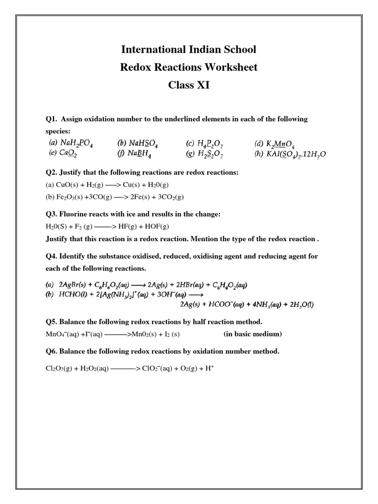 Redox Reactions Worksheet-1 | PDF