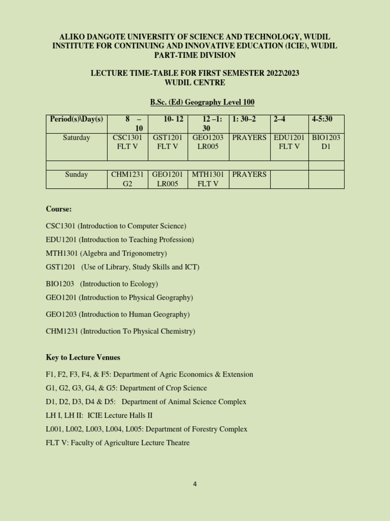 100W Part-Time Degree Time-Table For Level 100 Latest Wudil 2021-2022 | PDF