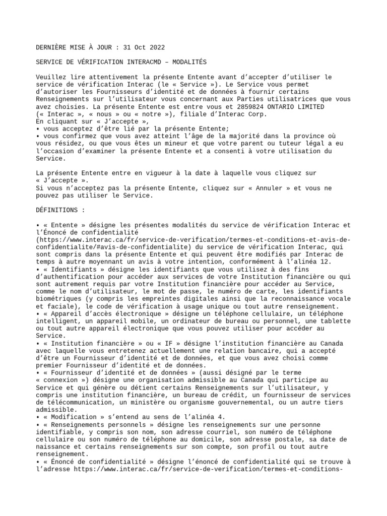 Service de Vérification Interac - Conditions D'utilisation Et Avis de ...