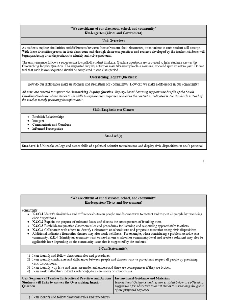 KIndergarten Unit 1 Civics and Government 17 June 2020 | PDF | Teachers ...