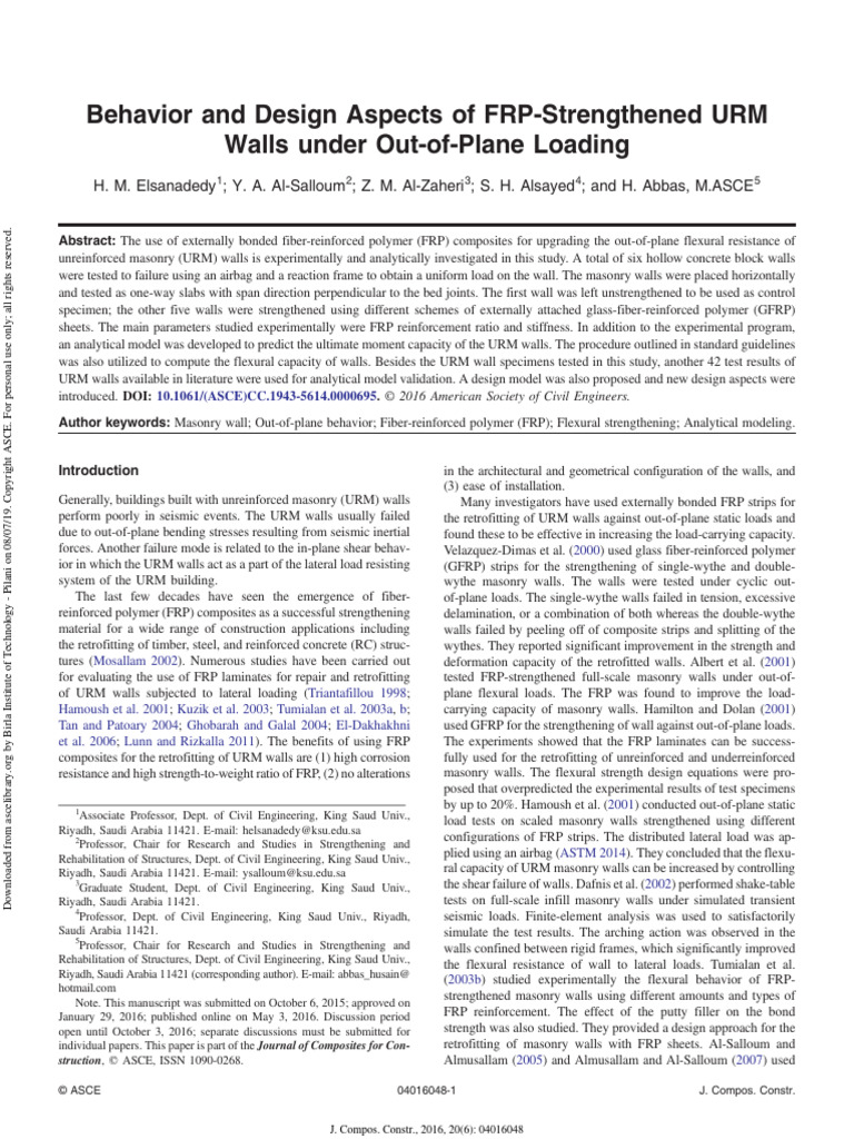 Behavior and Design Aspects of FRP-Strengthened URM Walls Under Out-of-Plane Loading | PDF ...