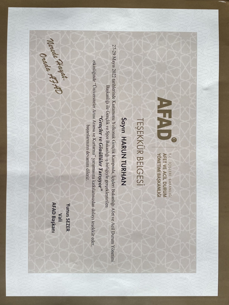 Afad Yarışma Birinciliği Sertifikası | PDF