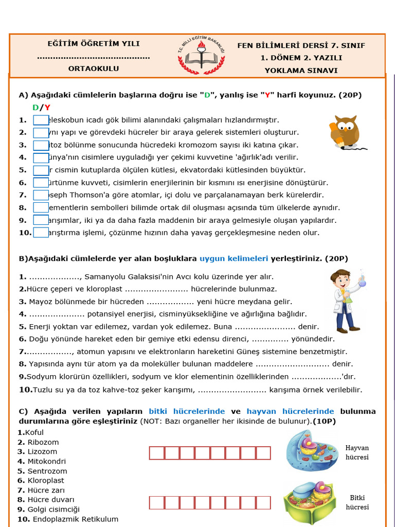 Sinif Fen Bilimleri 1.donem 2.yazili 1 | PDF