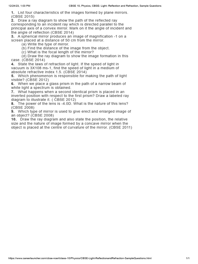 CBSE 10, Physics, CBSE - Light - Reflection and Refraction, Sample ...