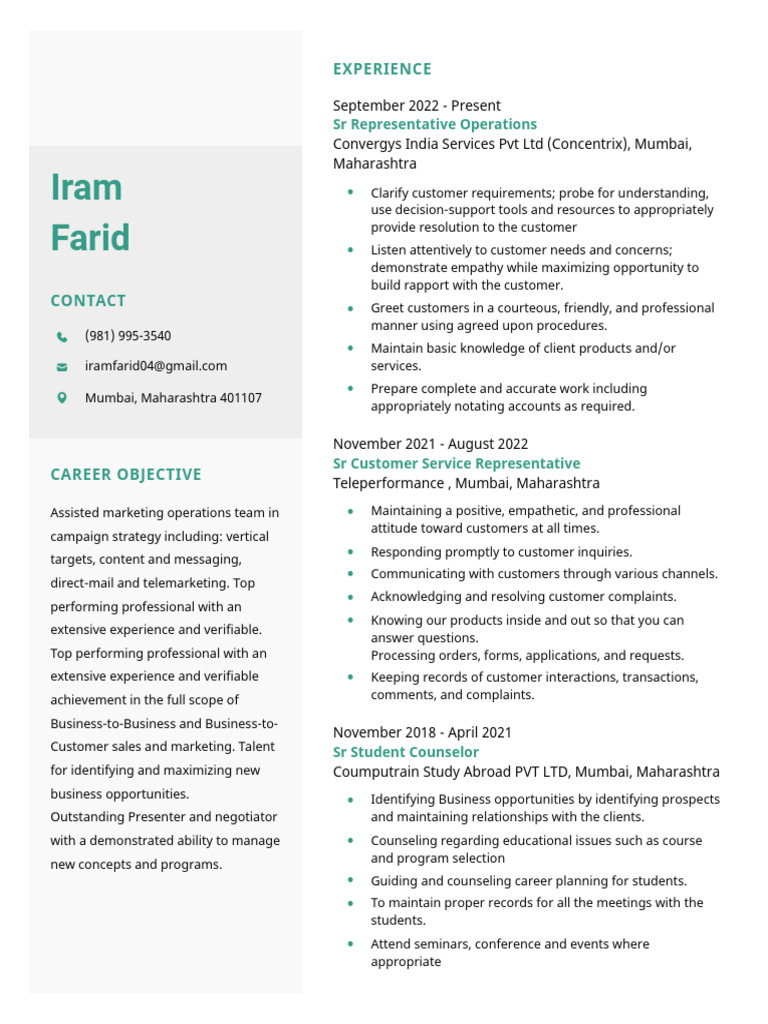 Iram Farid New Resume | PDF | Communication | Customer