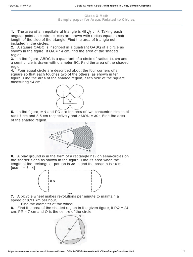 CBSE 10, Math, CBSE - Areas Related To Cirles, Sample Questions | PDF