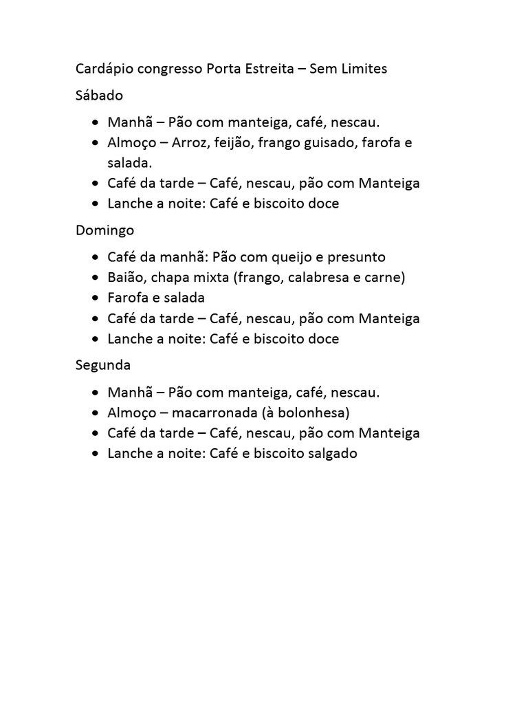 Cardápio Congresso Porta Estreita | PDF