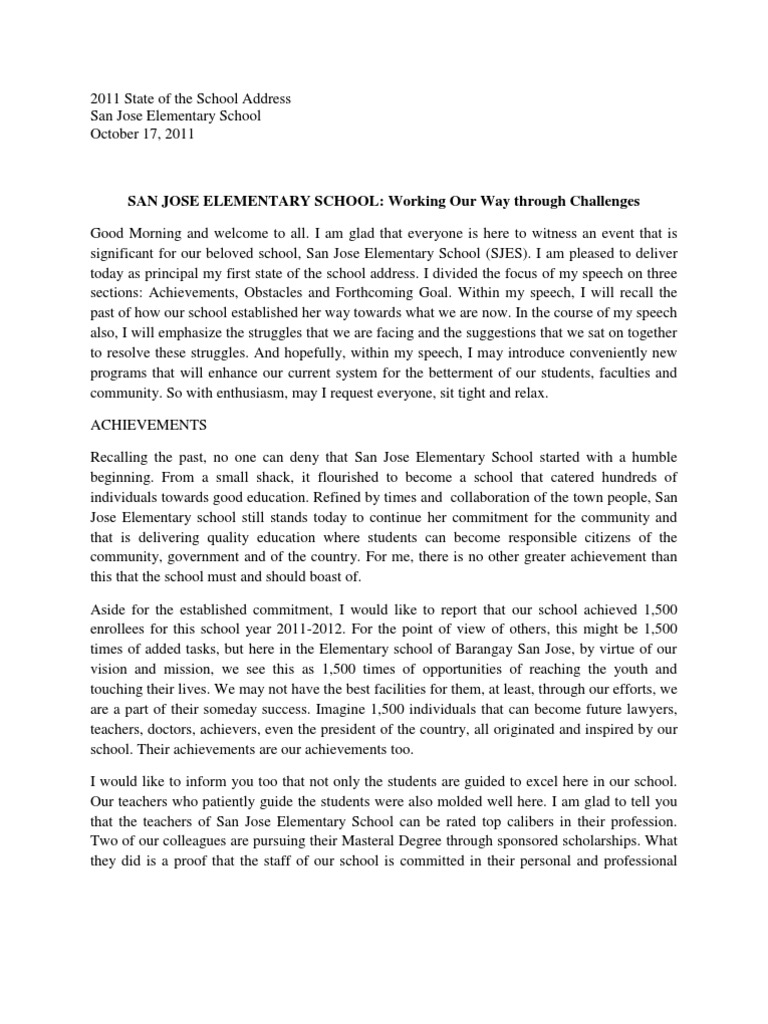 2011 State of The School Address San Jose | PDF | Malnutrition | Teachers