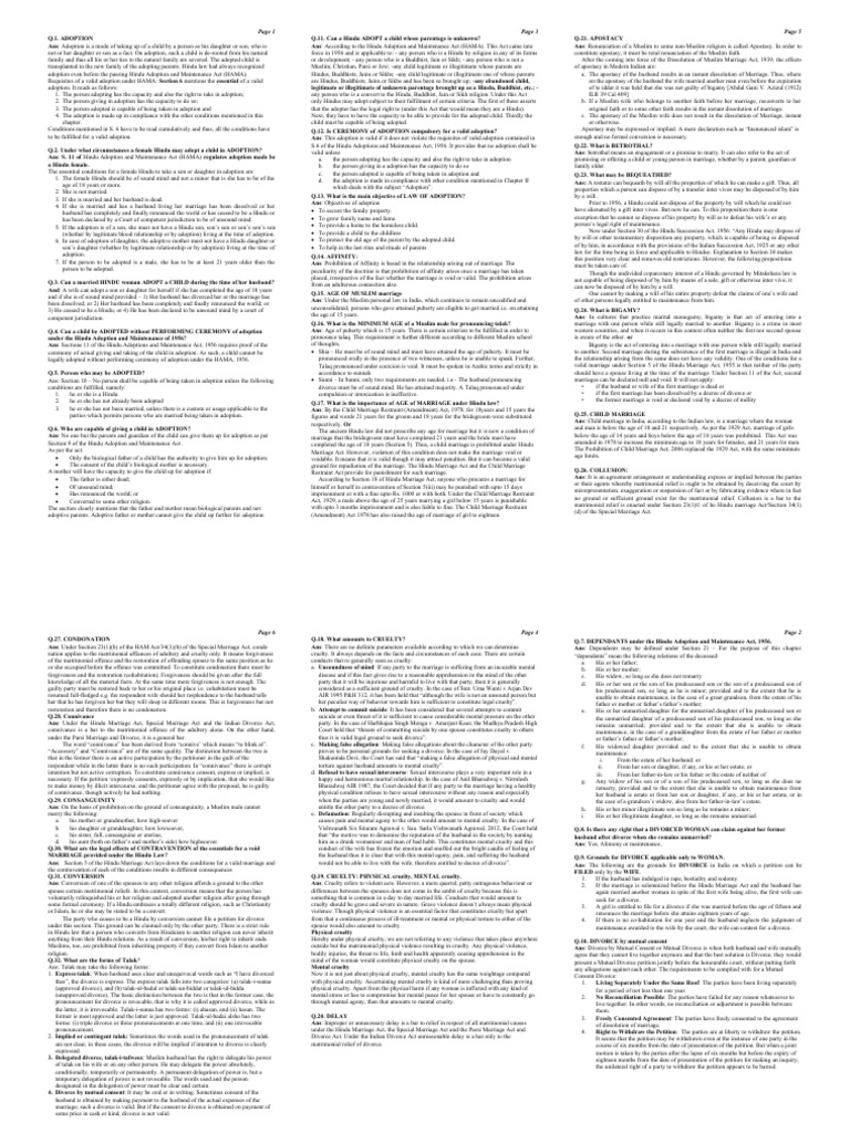 Paper III - Family Law - I Micro Both Side Final | PDF | Marriage | Divorce