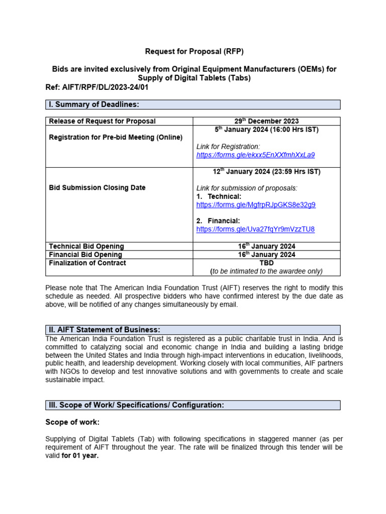 Aift RFP Tabs 29.12.2023 | PDF