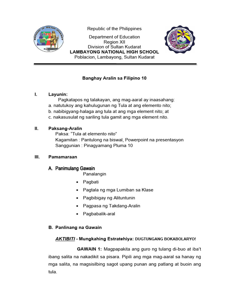 Banghay Aralin Sa Filipino 10-Tula | PDF