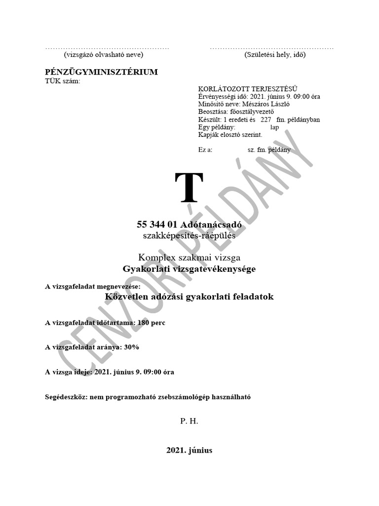 Közvetlen Adózás Vizsga - T - 20210609 | PDF