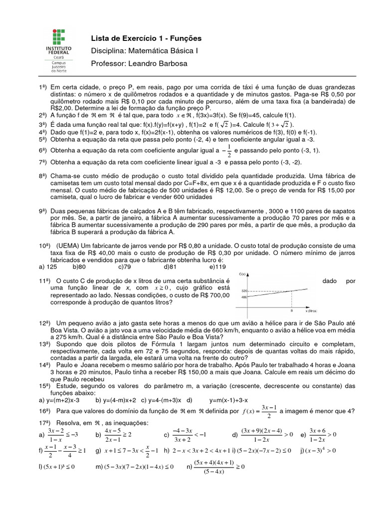 Disciplina: Matemática Básica I Professor: Leandro Barbosa: Lista de ...
