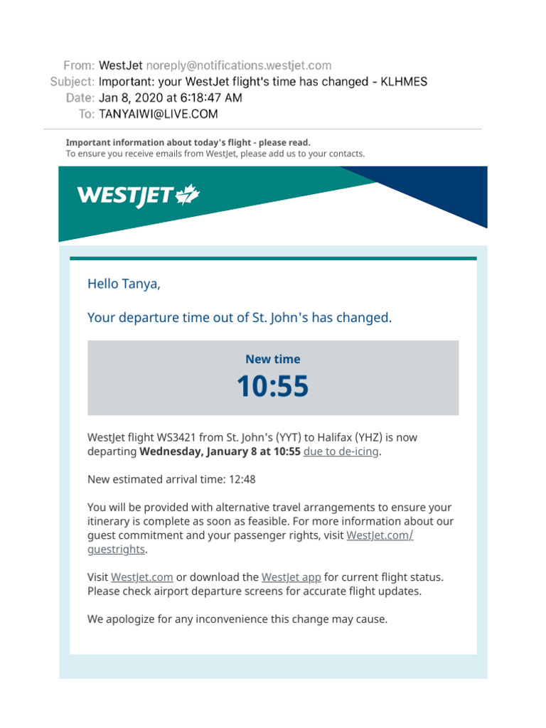 Important Your WestJet Flight's Time Has Changed - KLHMES | PDF