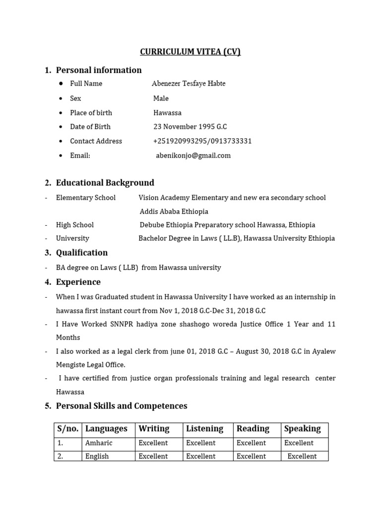 Curriculum Vitea (CV) 1. Personal Information | PDF | Language Arts ...