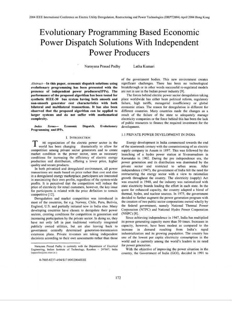 Evolutionary Programming Based Economic Power Dispatch Solutions With Independent Power ...