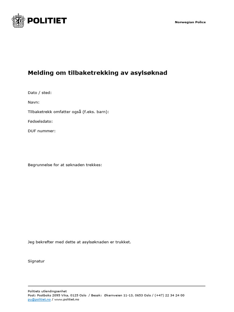 Skjema For Trekk Av Asylsoknad Norsk | PDF