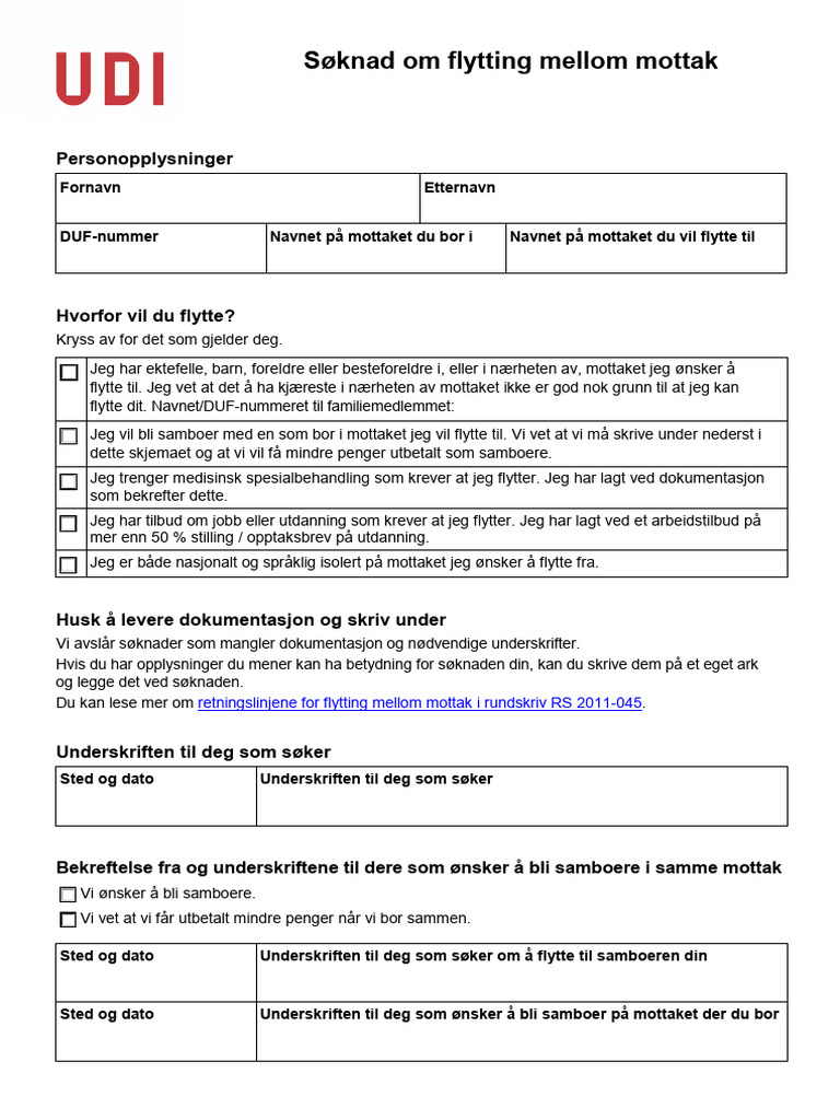 Soknad Om Flytting Mellom Mottak B | PDF