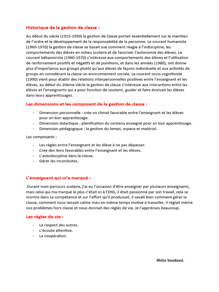 Historique et composantes de la gestion de classe | PDF