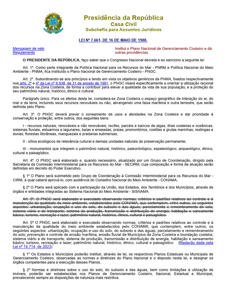 Lei Federal Nº 7.661 - 1988 - Plan Nacional de Gerenciamento Costeiro | PDF