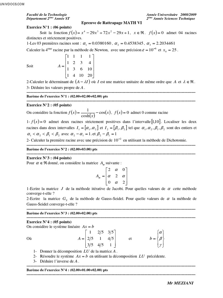 Rattrapage Corrigé Méthode Numérique USTHB 2008-09 | PDF