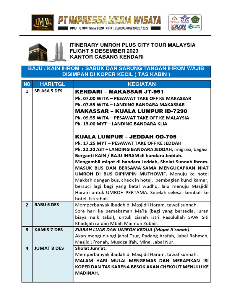 Itinerary Umroh dan City Tour Malaysia | PDF