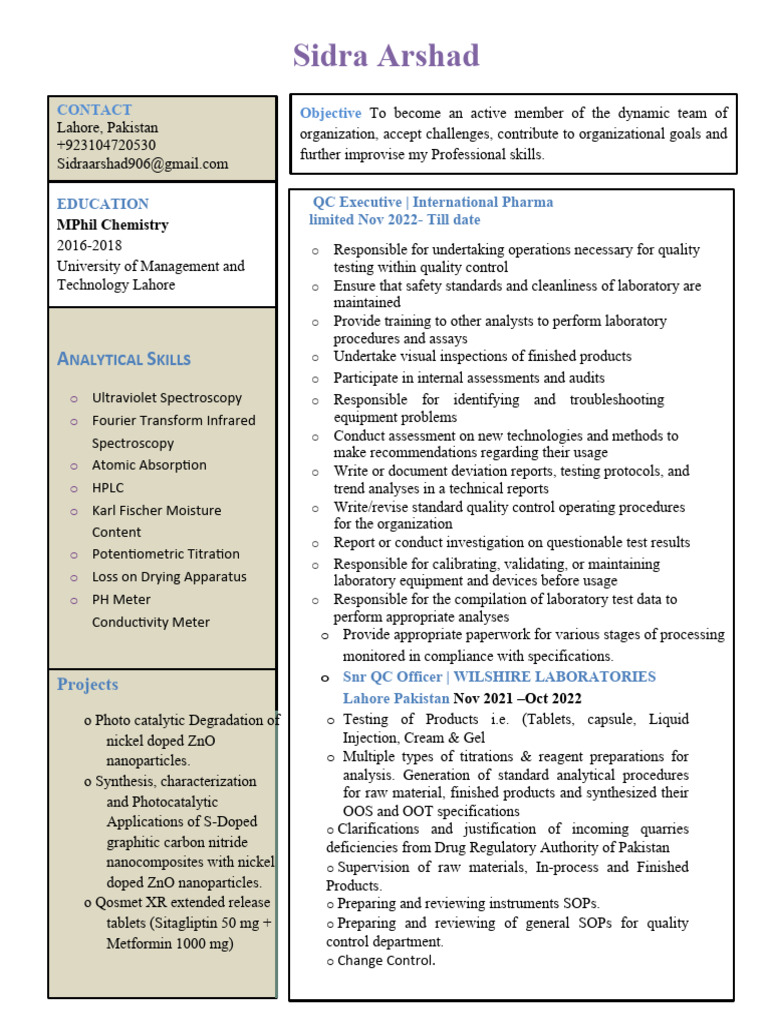 Sidra Arshad Analyst | Download Free PDF | Laboratories | Titration