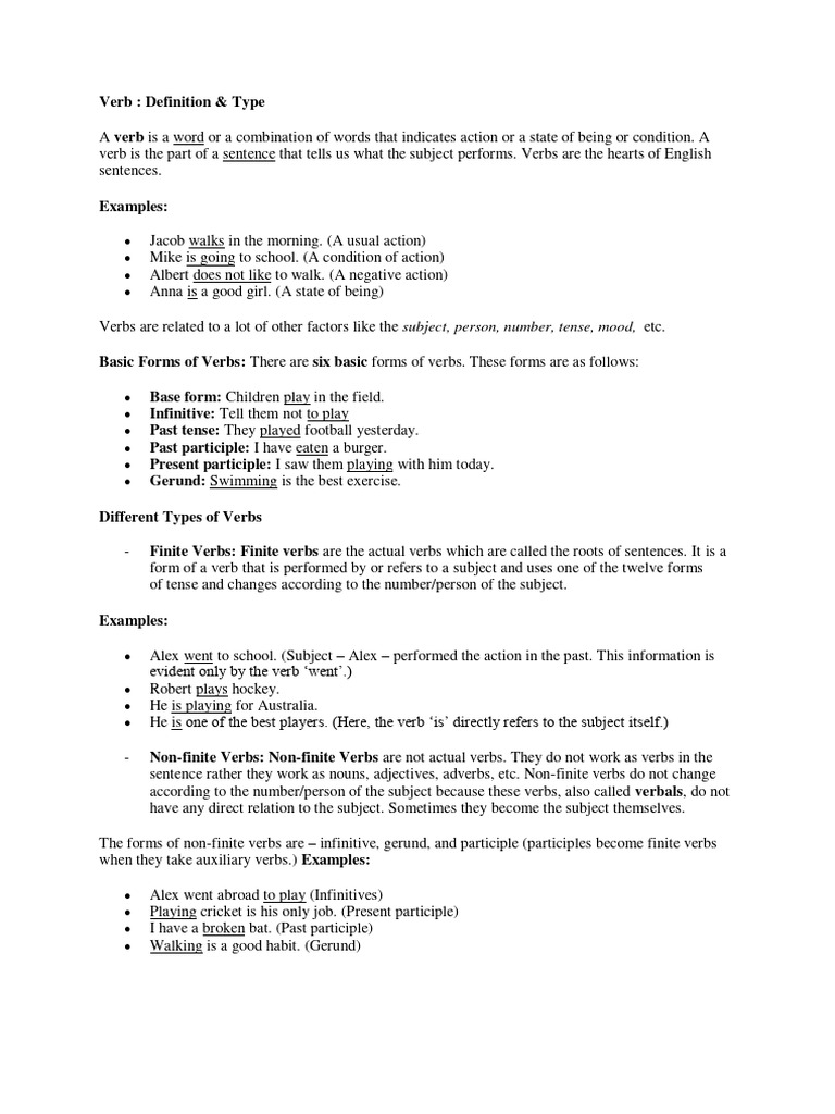 Understanding Verbs Types Examples Pdf