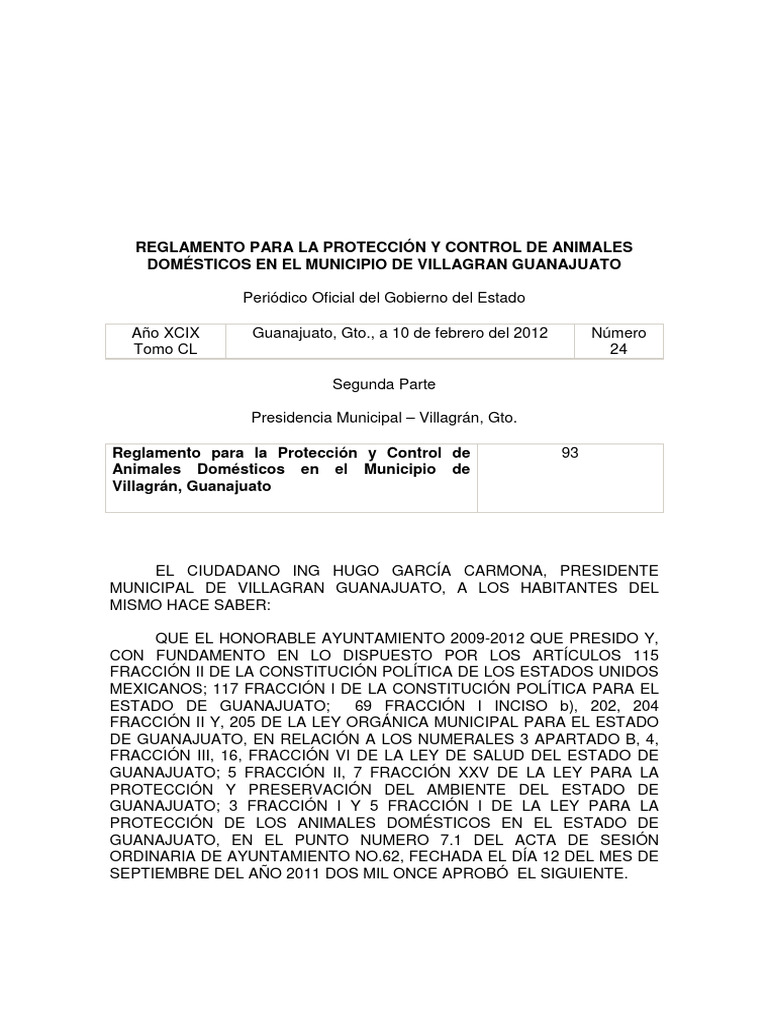 Reglamento para La Proteccion y Control de Animales Domesticos en El Municipio de Villagran (Feb ...