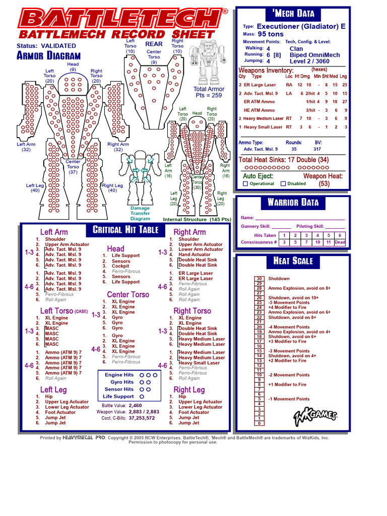 Executioner (Gladiator) E | PDF | Battle Tech