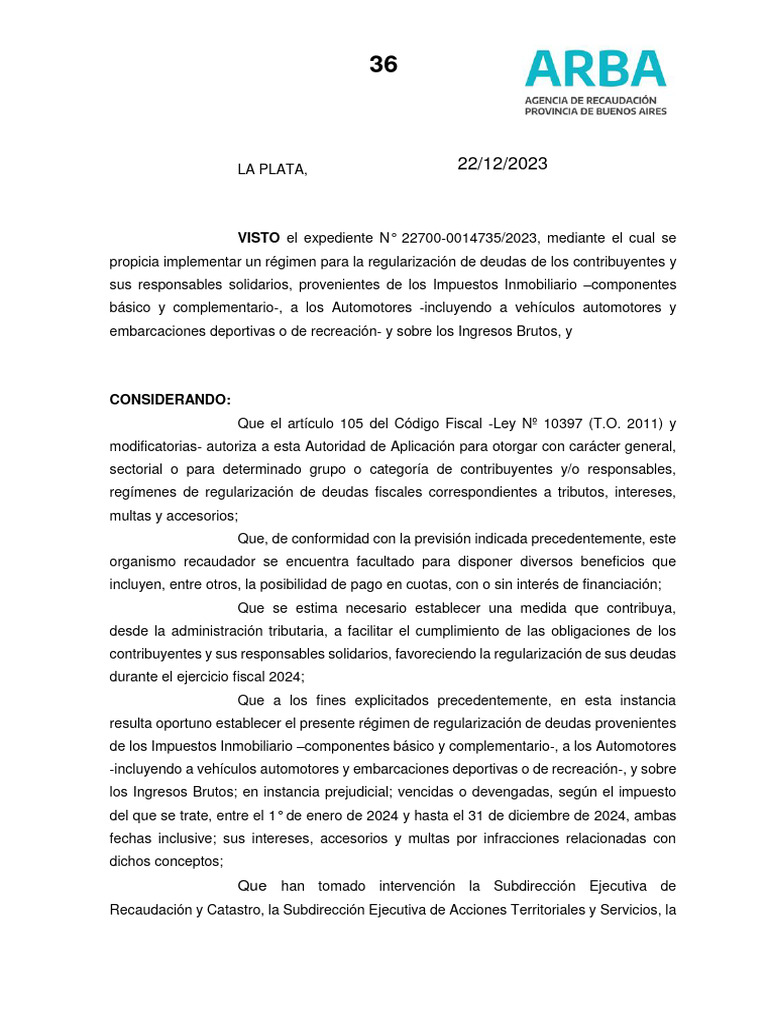 Reso 036-23 Arbaregimen Regularizacion | PDF | Impuestos | Economias